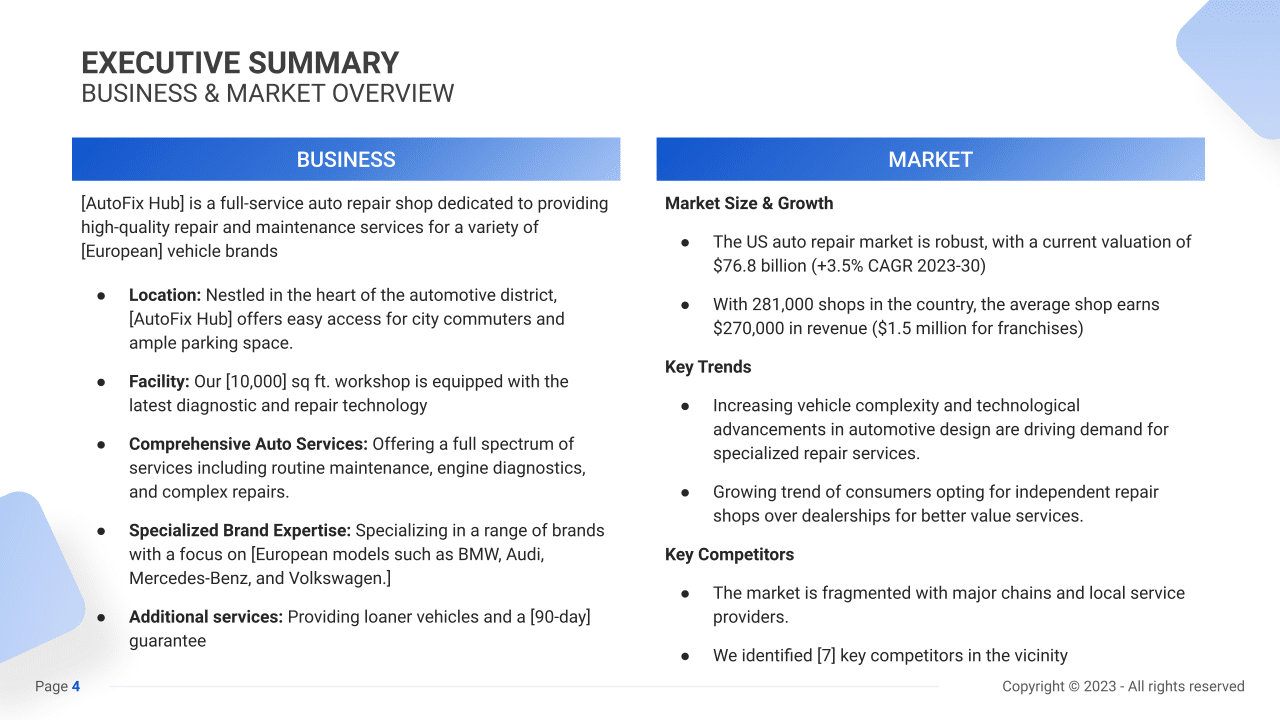 Auto Repair Business Plan Template & PDF Example - SharpSheets