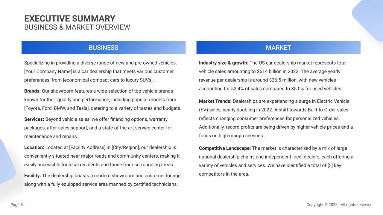Car Dealership Business Plan PDF Example - SharpSheets