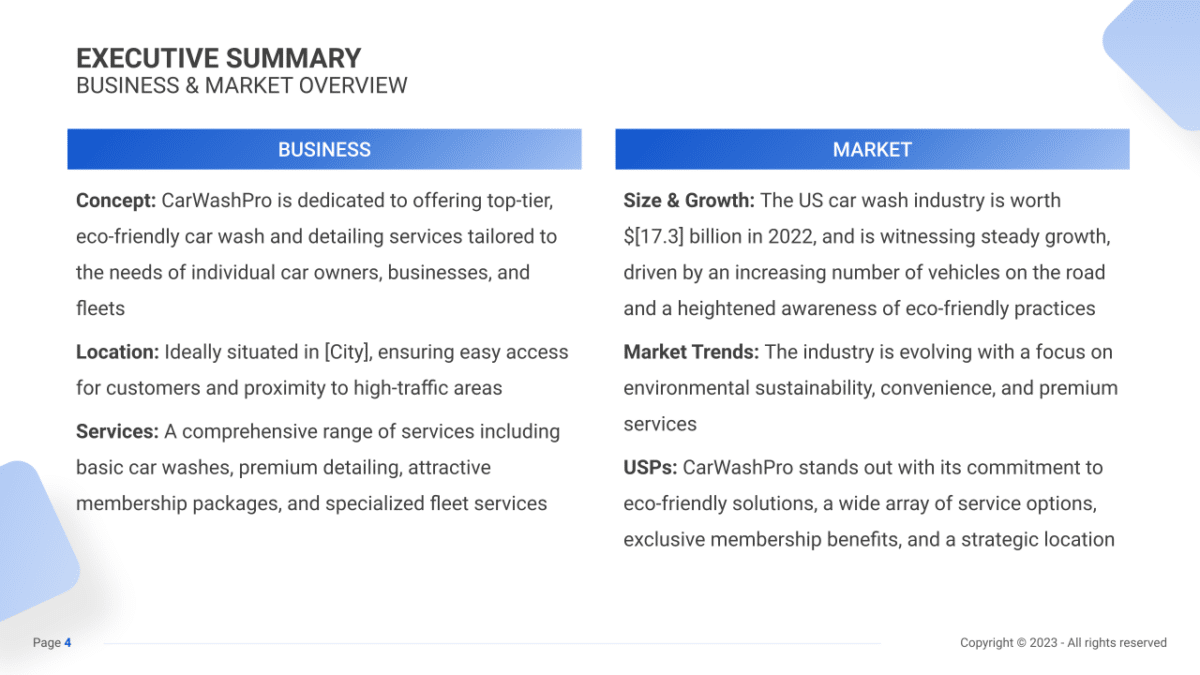 Car Wash Business Plan PDF Example - SharpSheets