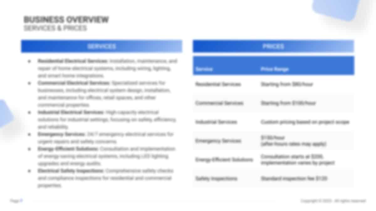 Electrician Business Plan PDF Example - SharpSheets