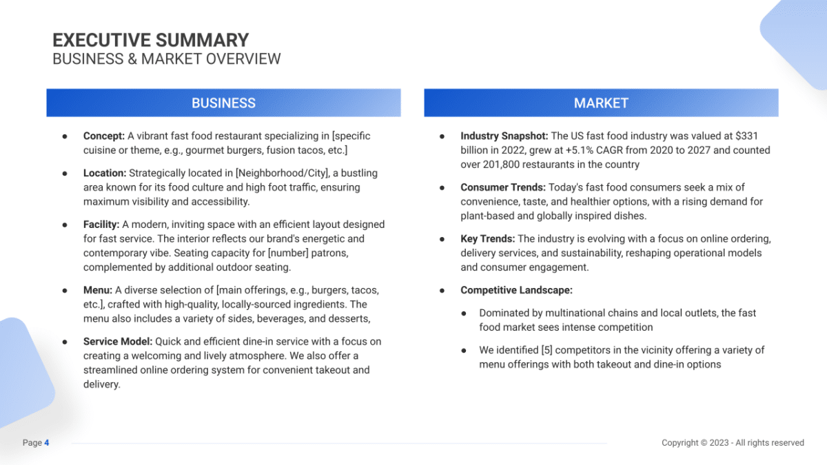 Fast Food Restaurant Business Plan PDF Example - SharpSheets