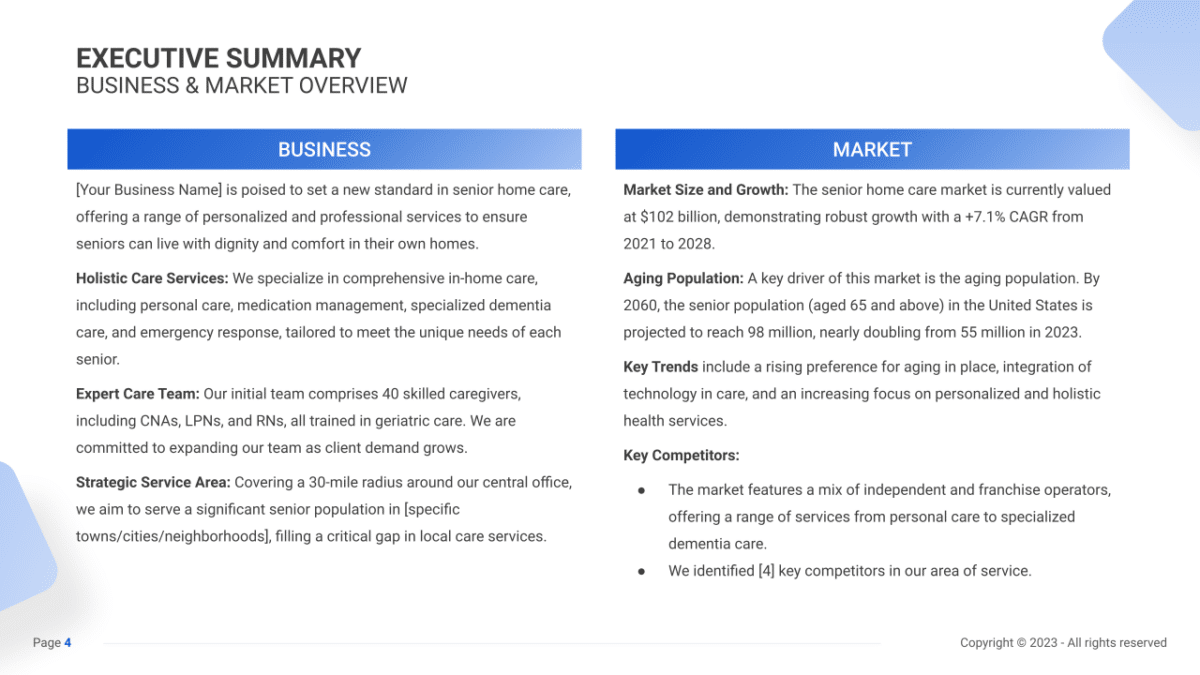 Home Care Business Plan Template & PDF Example - SharpSheets