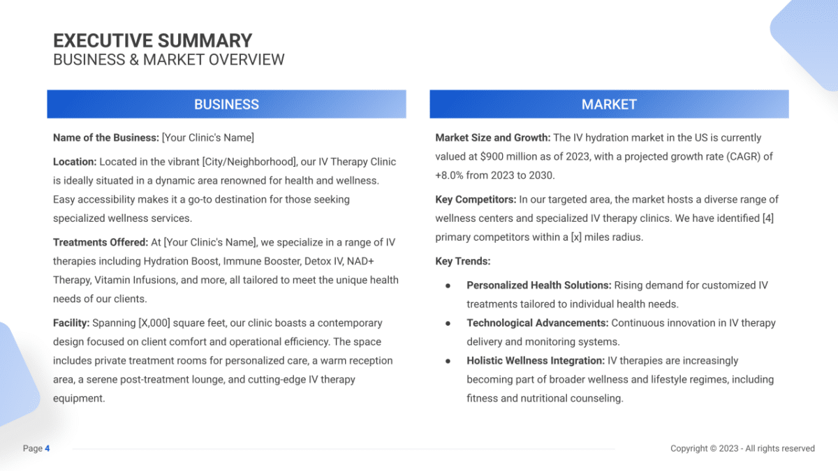 IV Therapy Clinic Business Plan Template & PDF Example - SharpSheets