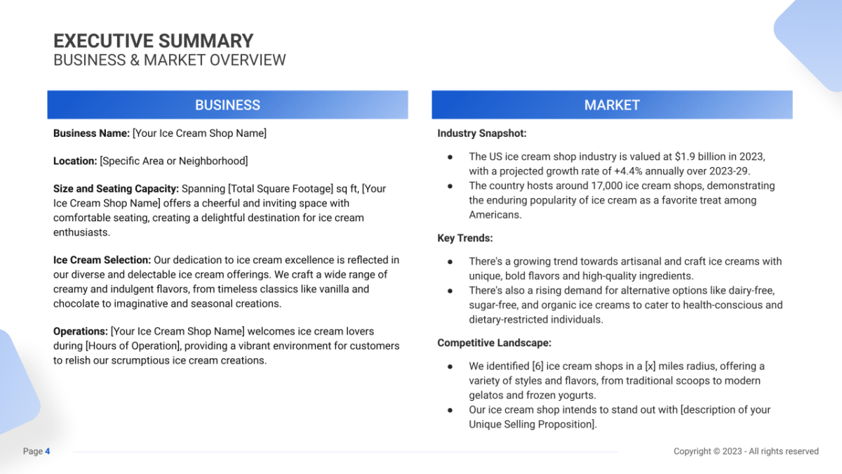Ice Cream Shop Business Plan PDF Example - SharpSheets