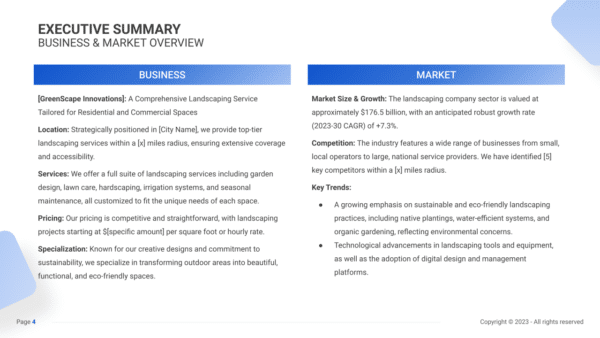 Landscaping Service Business Plan PDF Example - SharpSheets