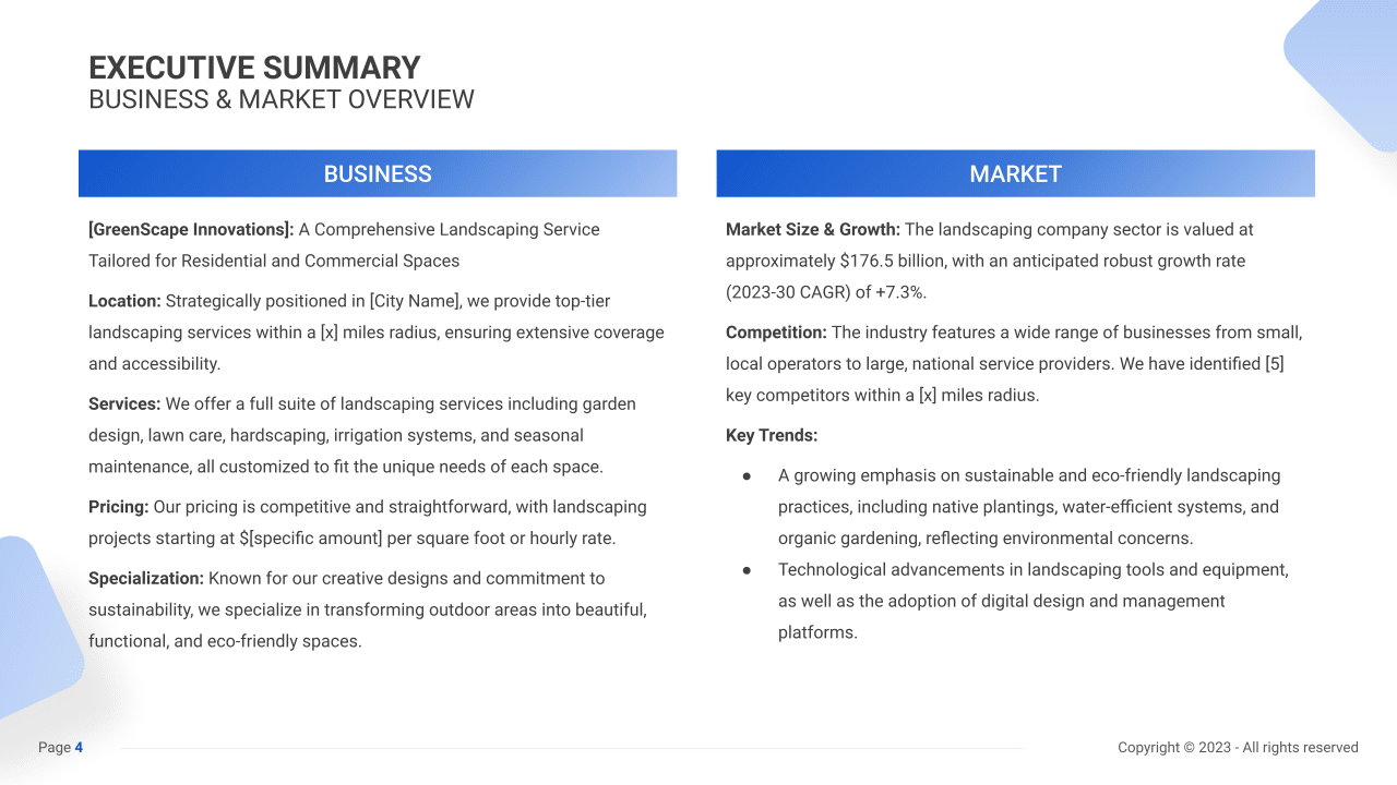 Landscaping Business Plan Template & PDF Example - SharpSheets