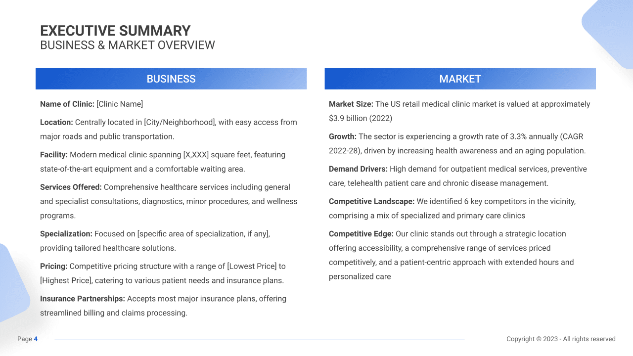 Medical Clinic Business Plan Template & PDF Example - SharpSheets