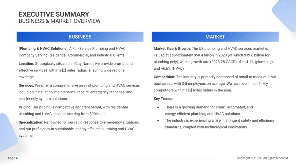 Plumbing & HVAC Business Plan PDF Example - SharpSheets