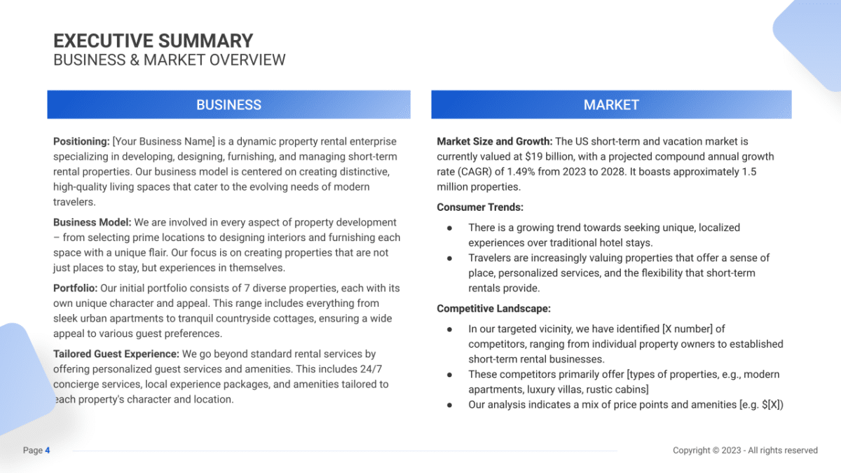 Property Rental Business Plan PDF Example - SharpSheets