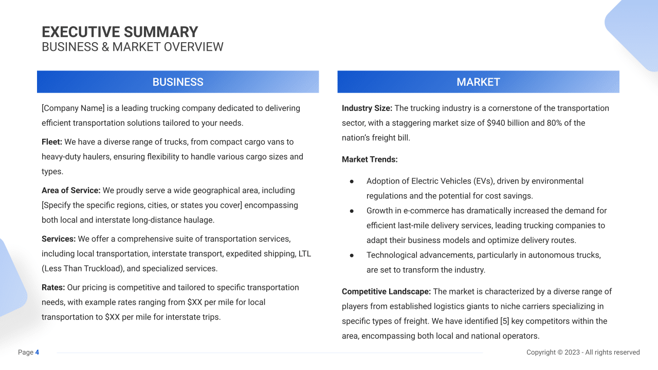 Trucking Business Plan PDF Example - SharpSheets