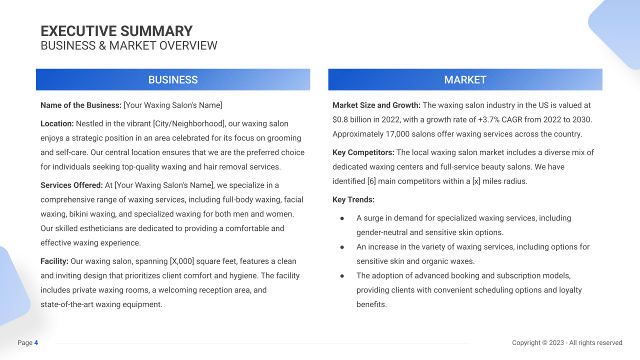 Waxing Salon Business Plan PDF Example - SharpSheets