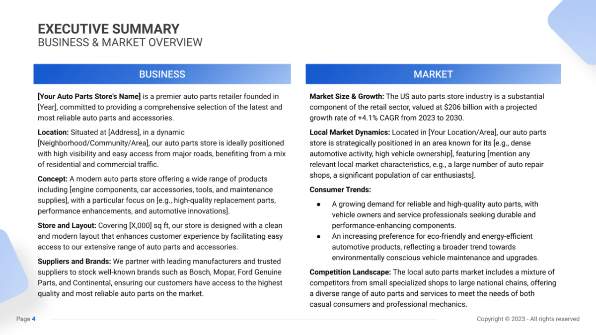 Auto Parts Store Business Plan Template & PDF Example - SharpSheets