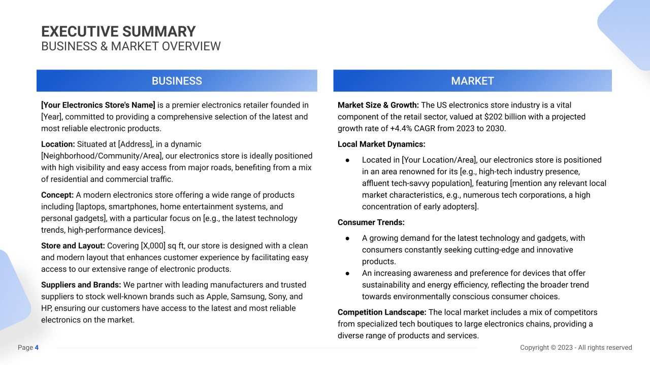Electronics Store Business Plan PDF Example - SharpSheets