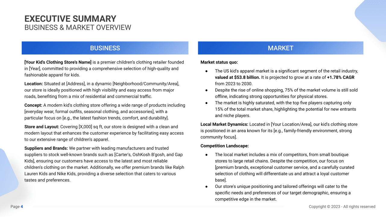 Kid's Clothing Store Business Plan PDF Example - SharpSheets